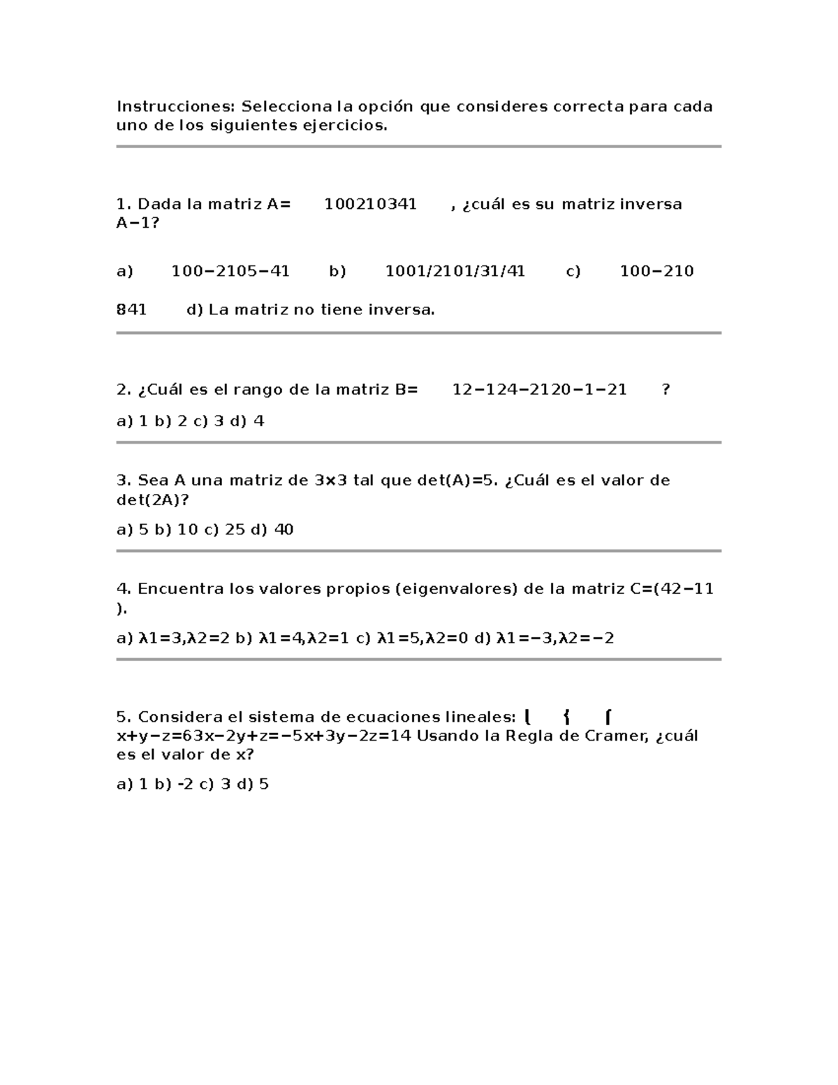 Mate 3 - Ejercicios de Matrices y Sistemas de Ecuaciones - Studocu