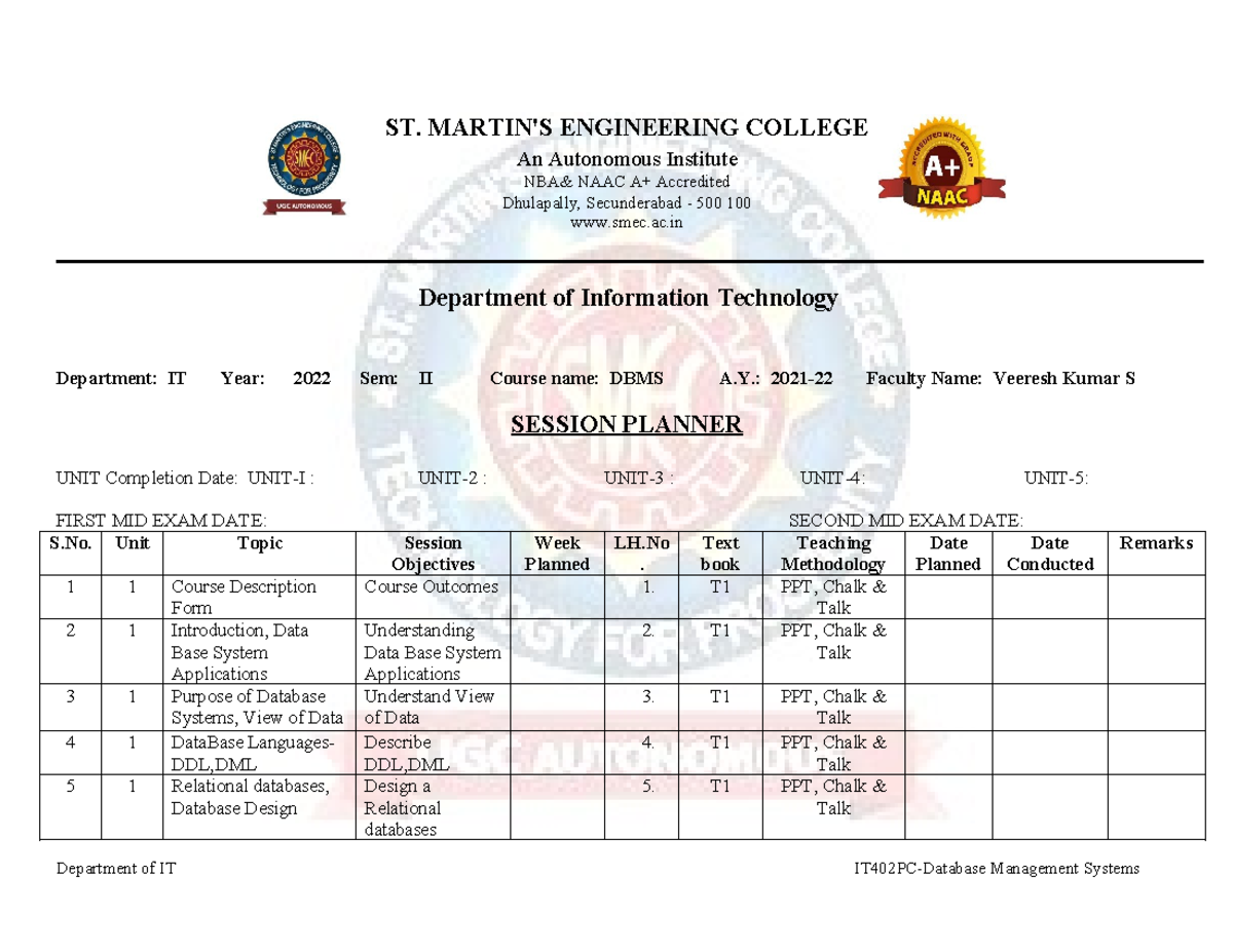 DBMS Session Planner for IT 2022 Sem II - Mid Exam Schedule - Studocu