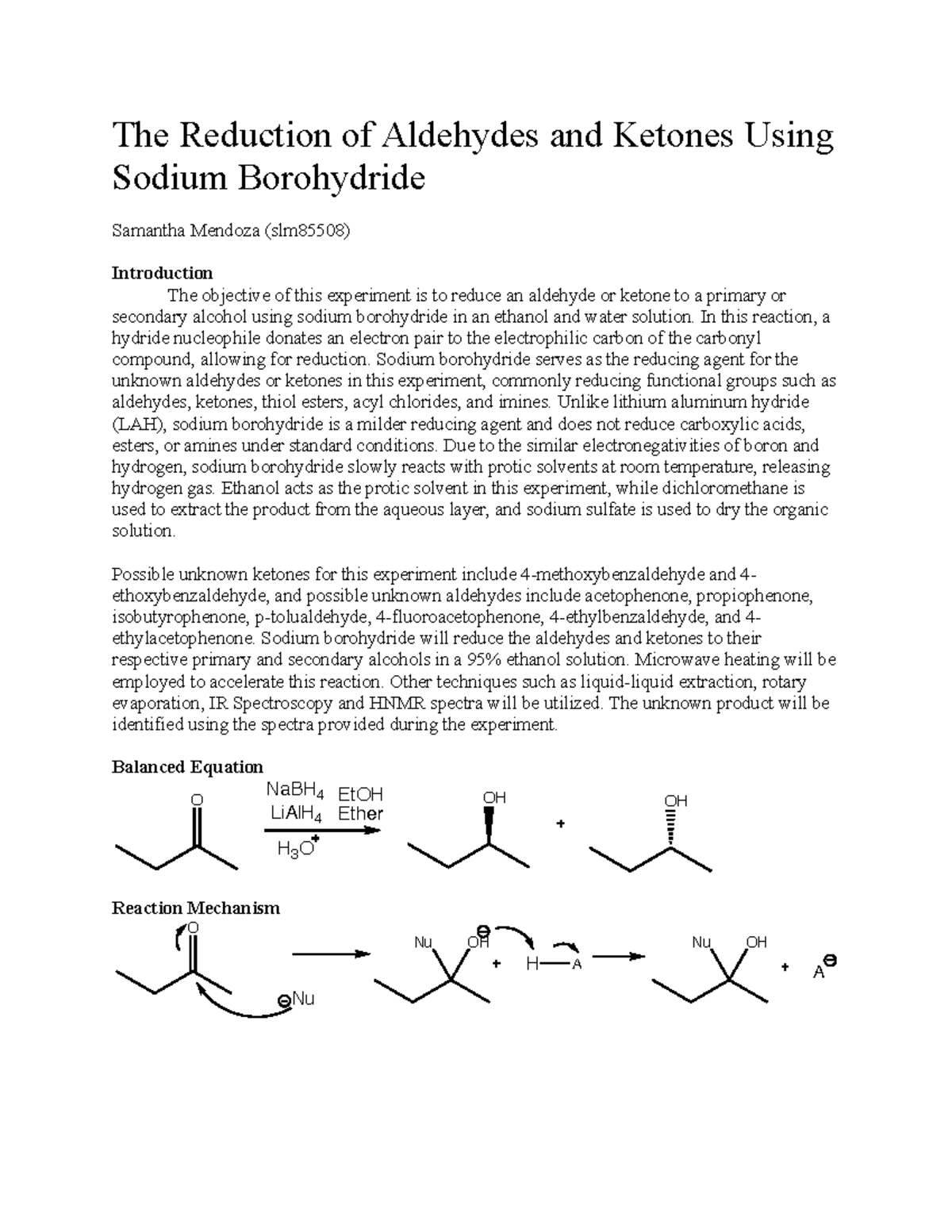 Reduction of Aldehydes and Ketones: NaBH4 Method (CHEM 101 Lab) - Studocu
