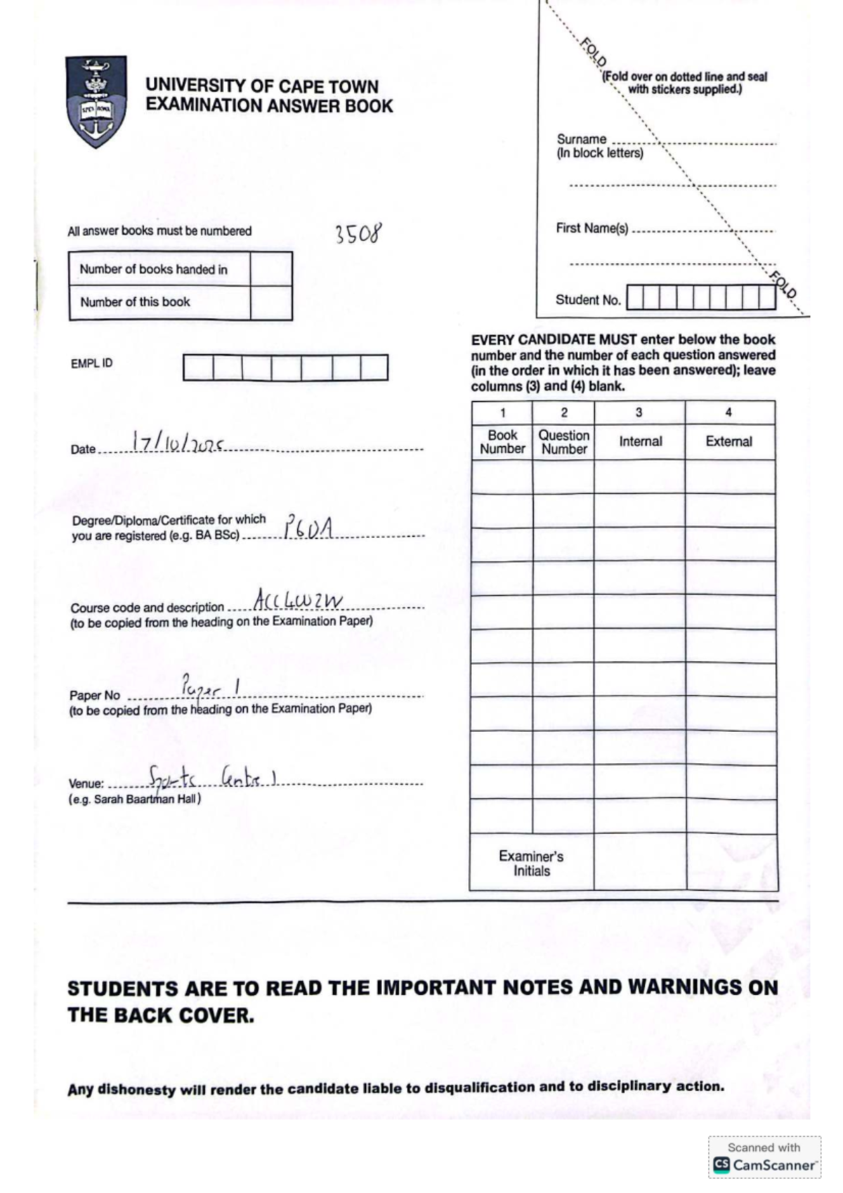 3508 Tax Final Exam - Examination Answer Book - Studocu