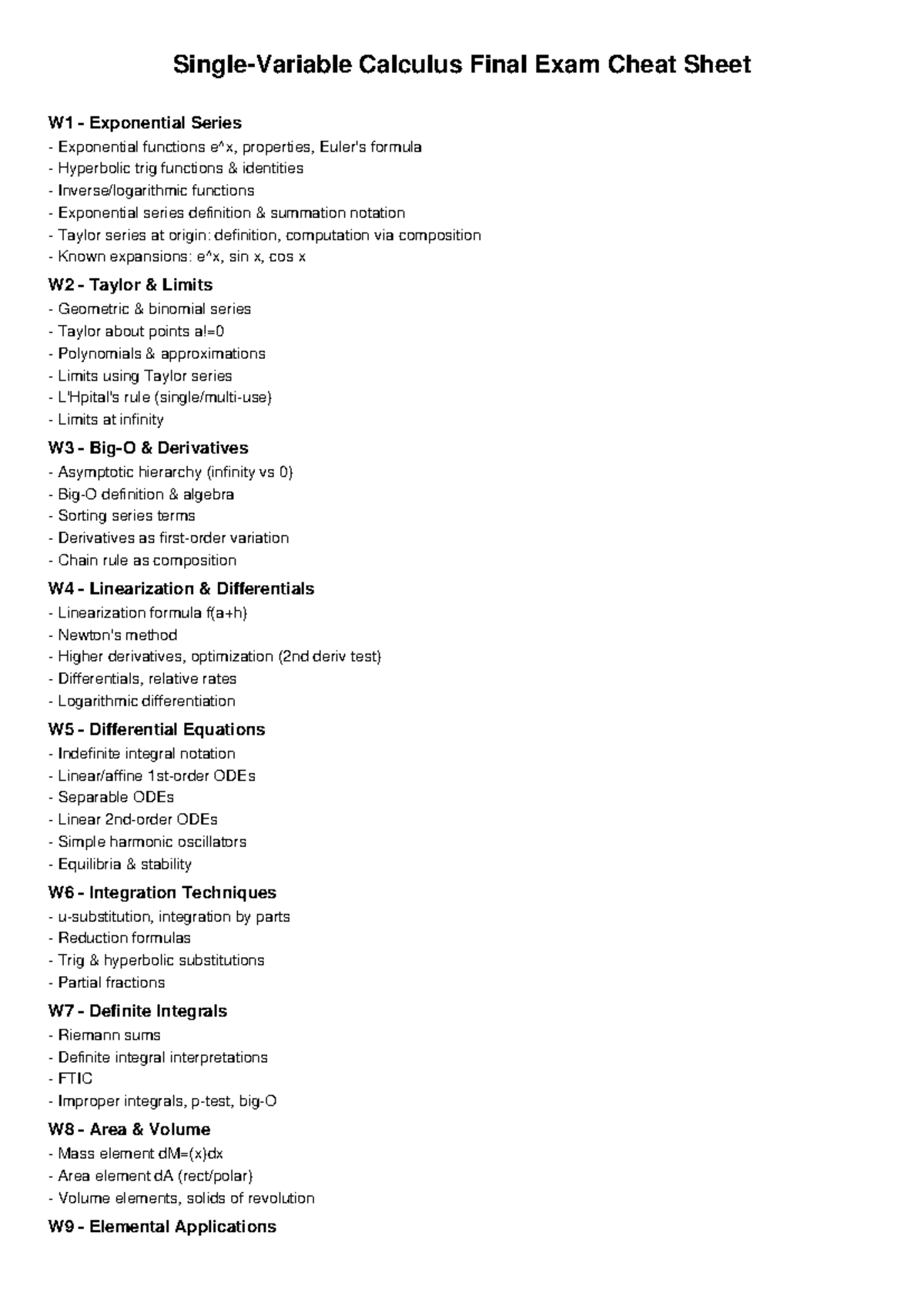 Calculus W1-W9 Final Exam Cheat Sheet: Key Concepts & Techniques - Studocu