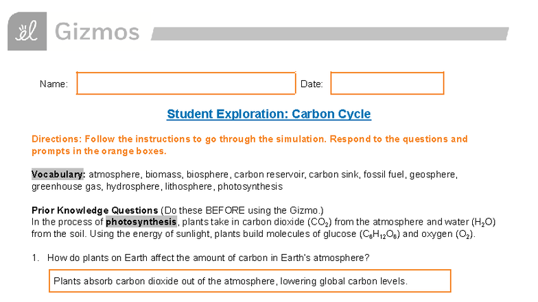 Student Exploration: Carbon Cycle SE - Gizmo Activity Guide - Studocu