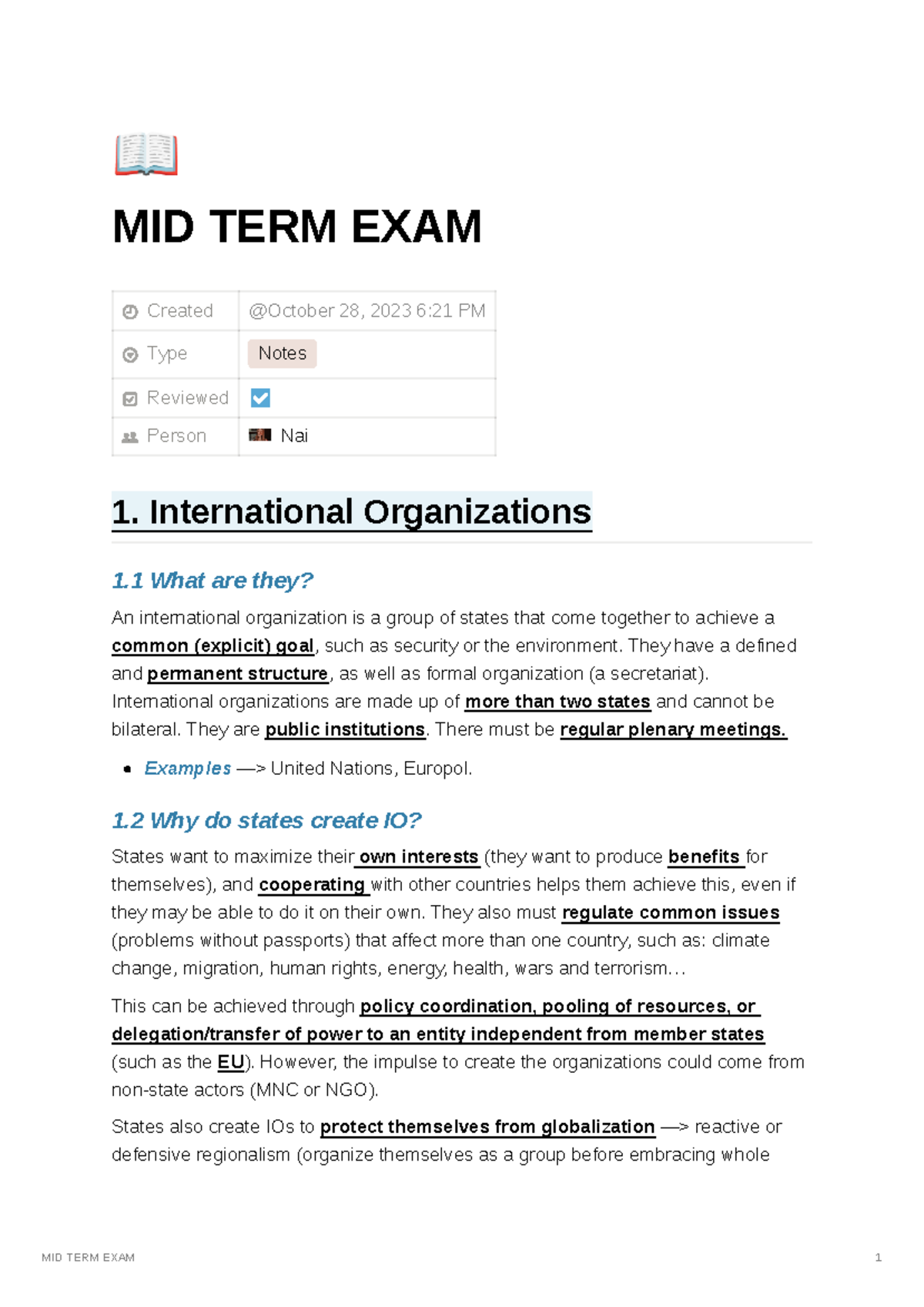 MIDTERM EXAM NOTES ON INTERNATIONAL ORGANIZATIONS AND INSTITUTIONS ...
