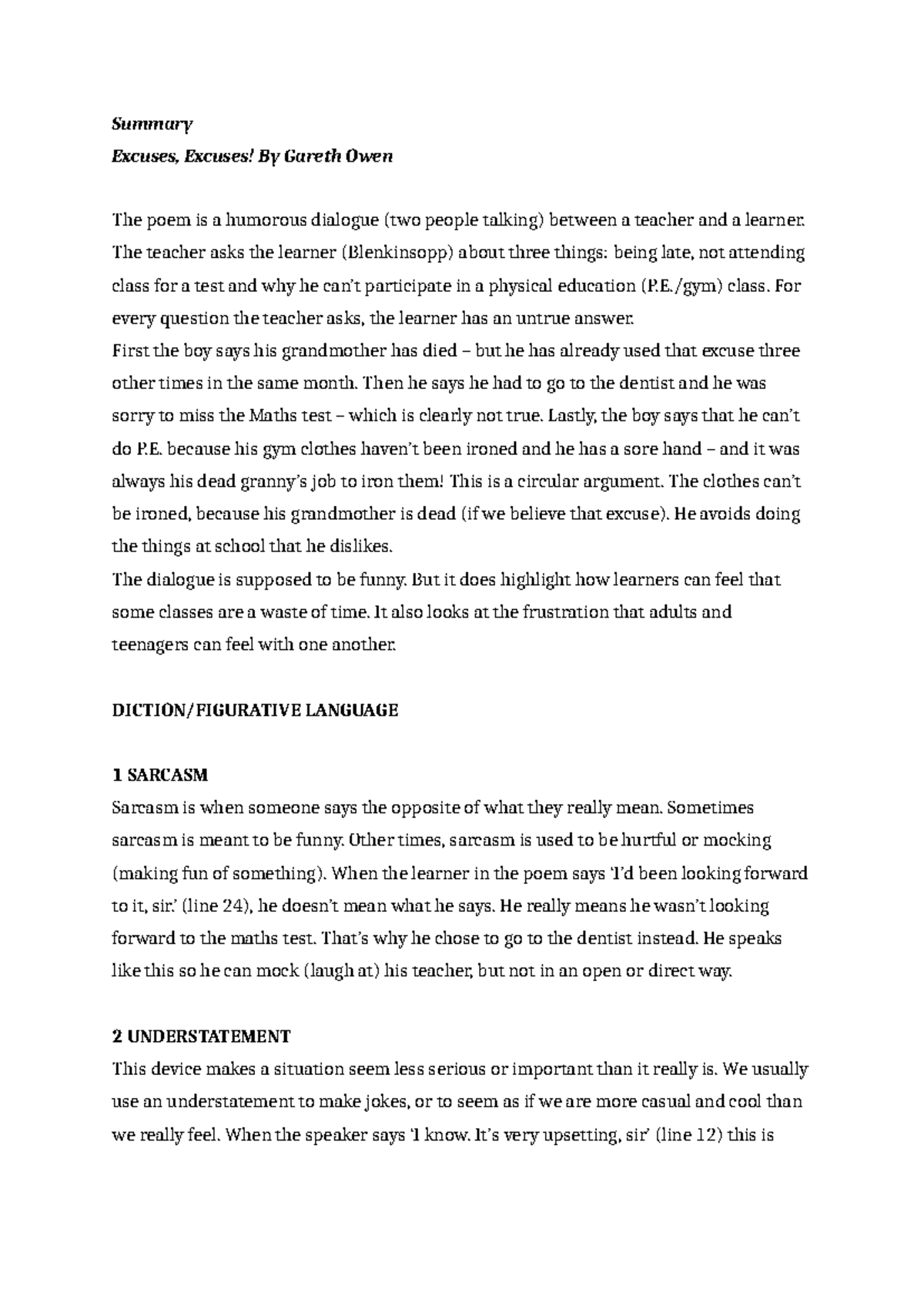 Analysis of "Excuses, Excuses!" by Gareth Owen - Poem Summary and ...