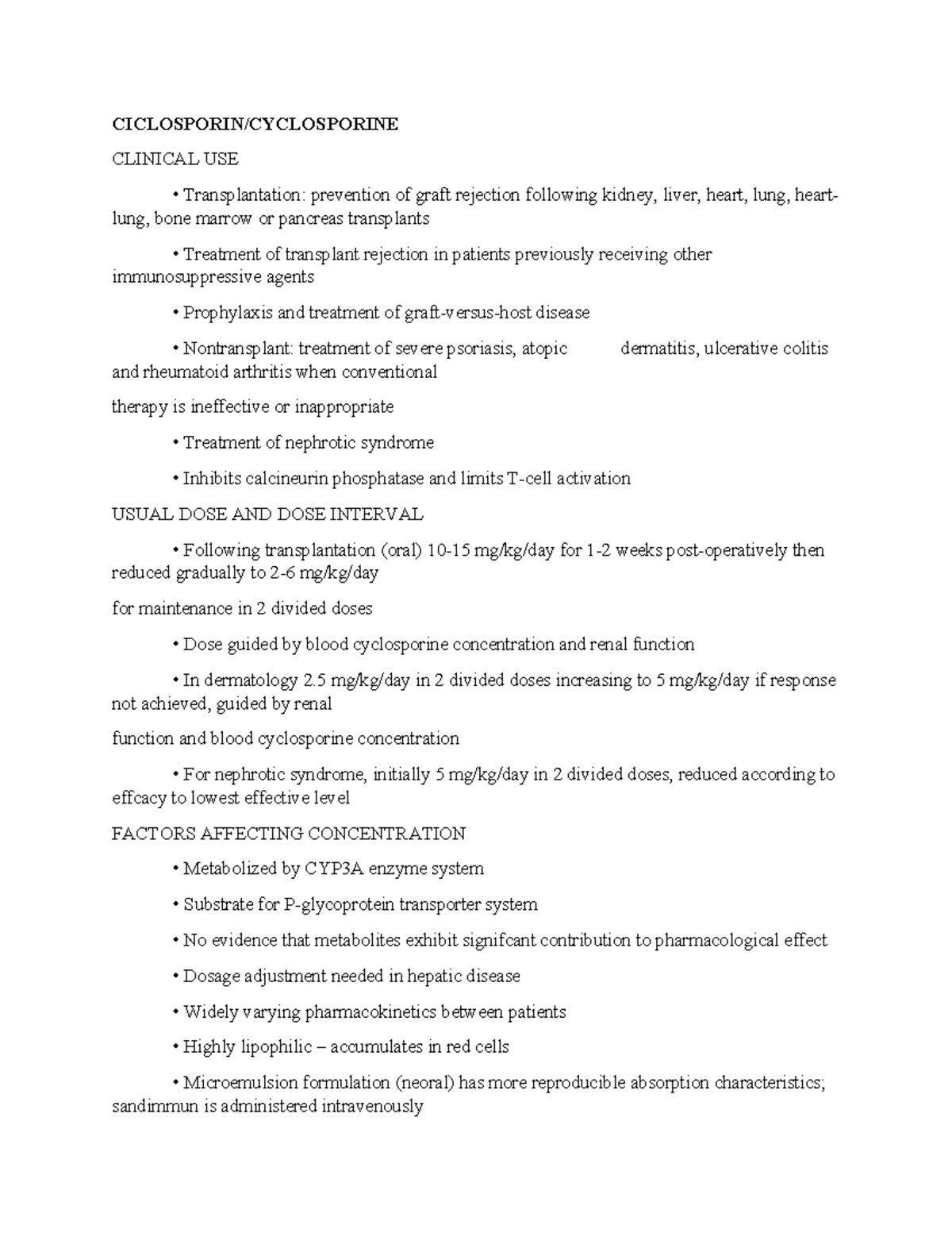 TDM of Organ trans - Summary Doctor of pharmacy - CICLOSPORIN ...