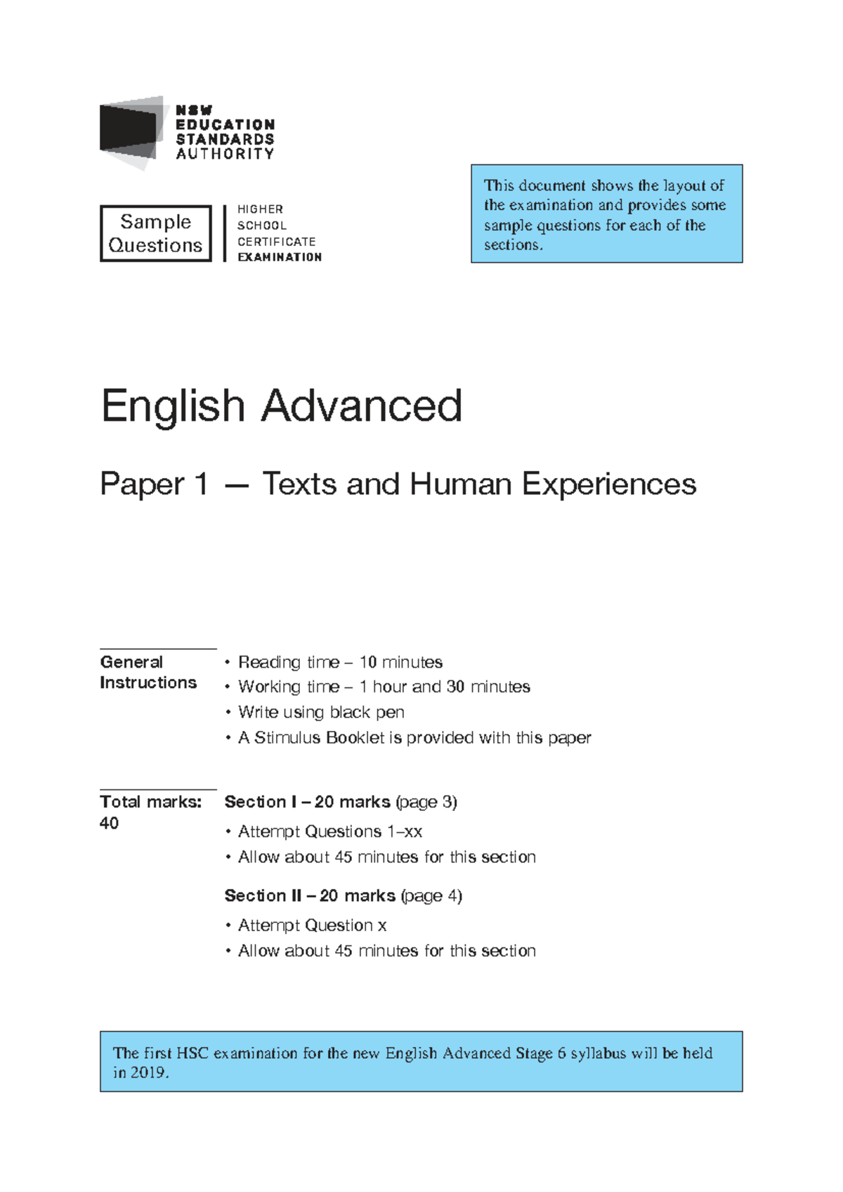 HSC English Advanced Paper 1 Sample Questions on Texts & Human ...