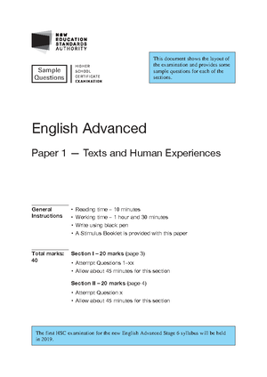 HSC English Advanced Paper 2: Sample Questions & Marking Guidelines ...