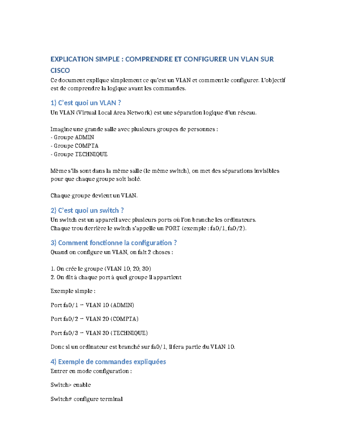 CONFIGURATION SIMPLE D'UN VLAN SUR CISCO : GUIDE PRATIQUE - Studocu