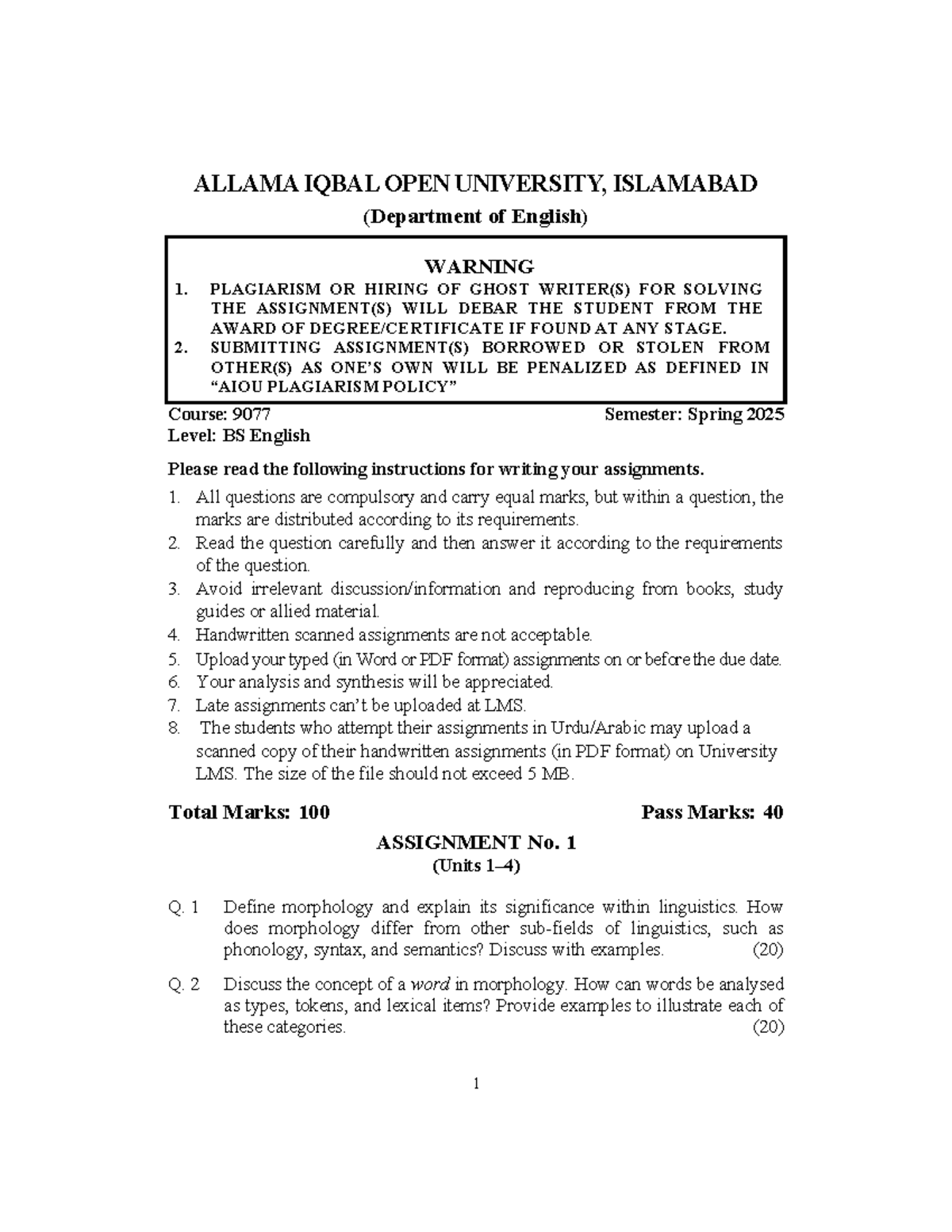 9077 - Assignment Guidelines for BS English Spring 2025 - Studocu