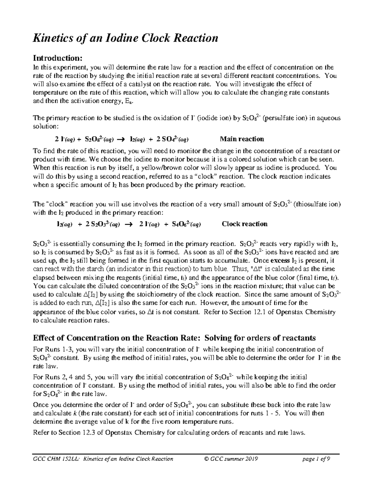 Kineticssum 19 - lab report - Kinetics of an Iodine Clock Reaction ...