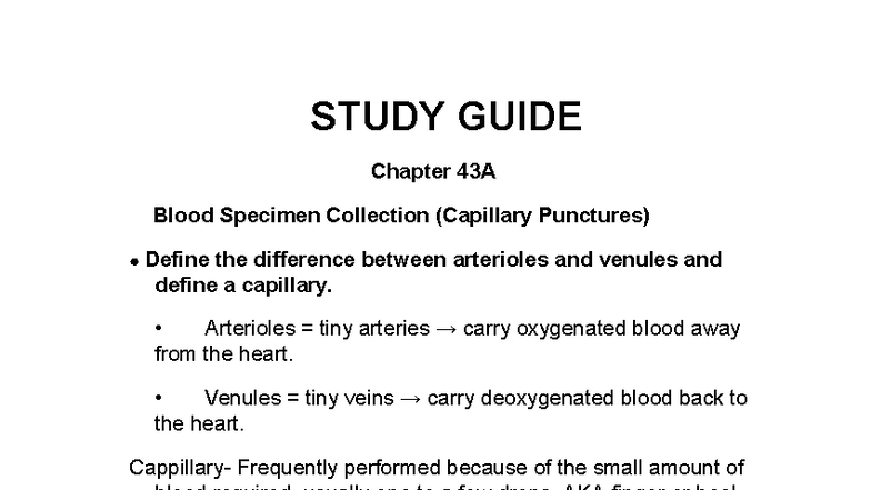 Chapter 43A Study Guide: Blood Specimen Collection & Capillary ...