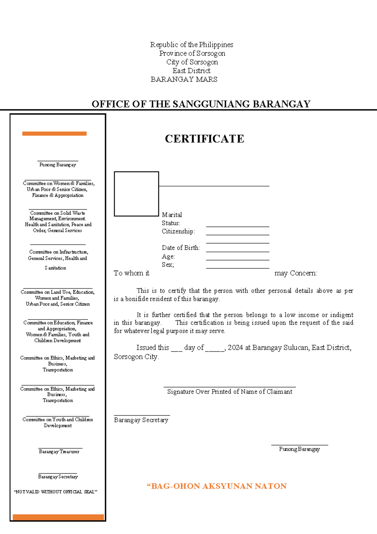 Barangay Certificate for Low-Income Residents in Sorsogon City - Studocu