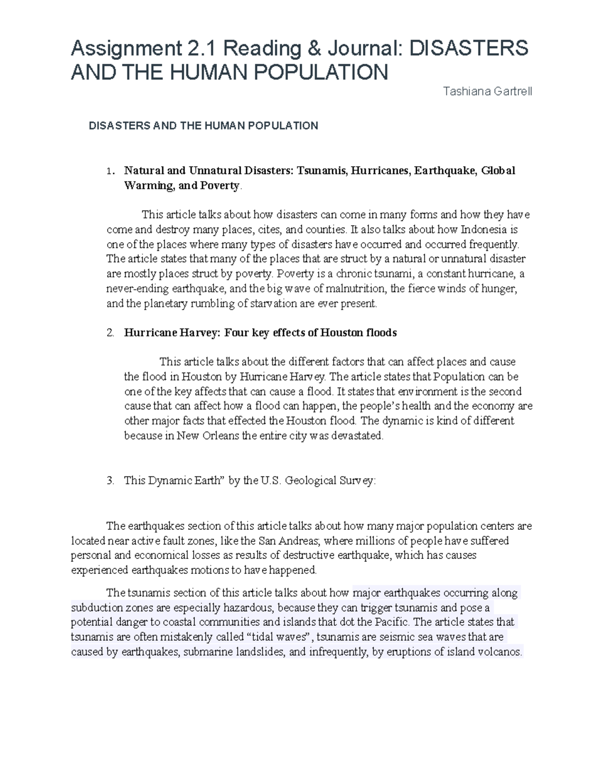 Assignment 2 Reading Journal: Disasters & Human Population Insights ...