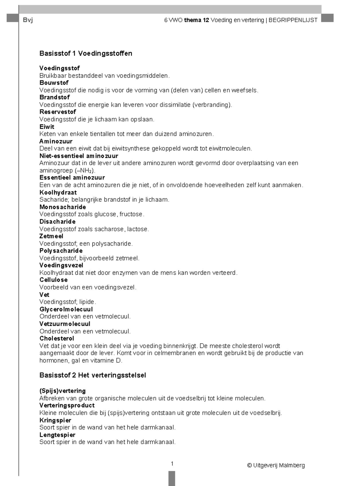 Bvj 6 VWO Thema 12: Voeding en Vertering Begrippenlijst - Studeersnel