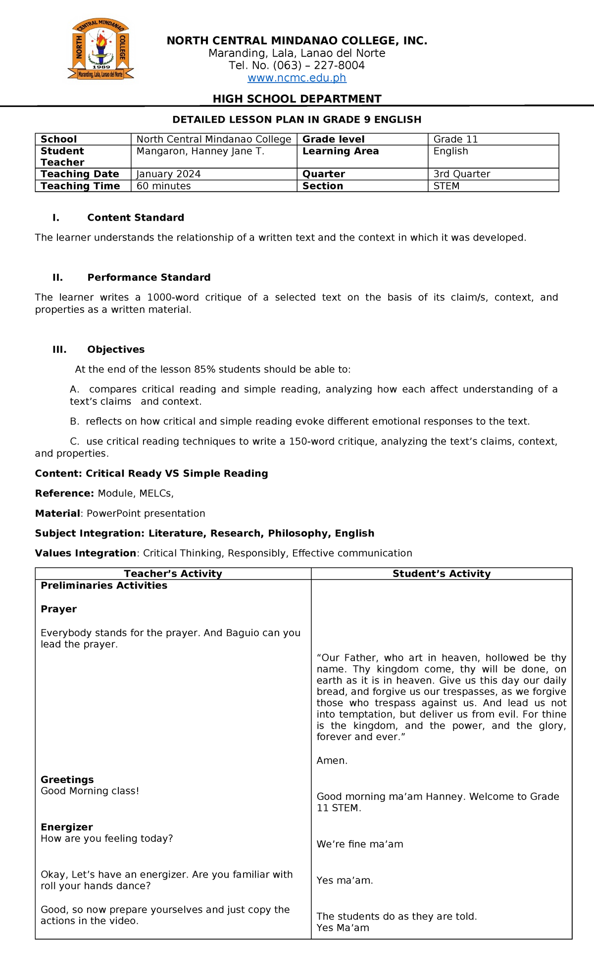 Grade 11 English Lesson Plan: Critical vs. Simple Reading Insights ...