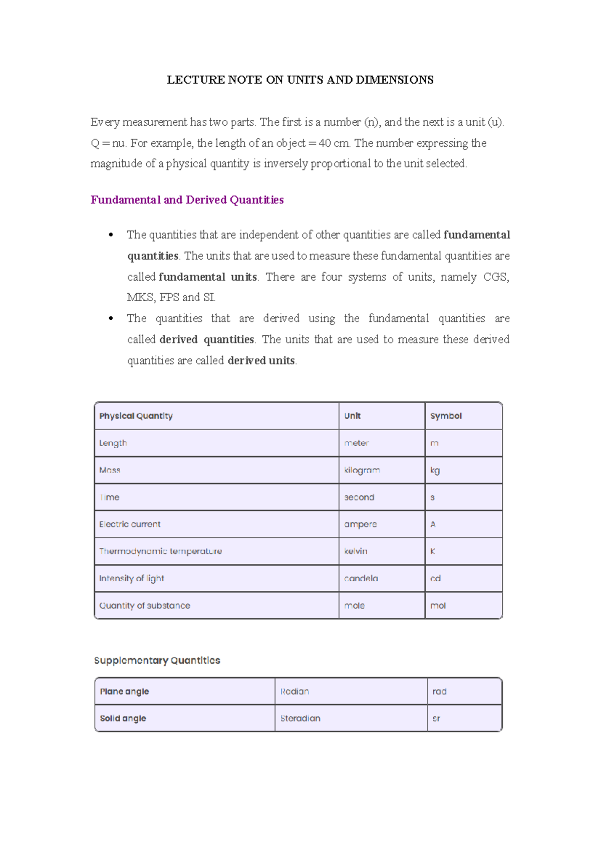 LECTURE NOTE ON UNITS AND DIMENSIONS (PHYS 101) - Studocu