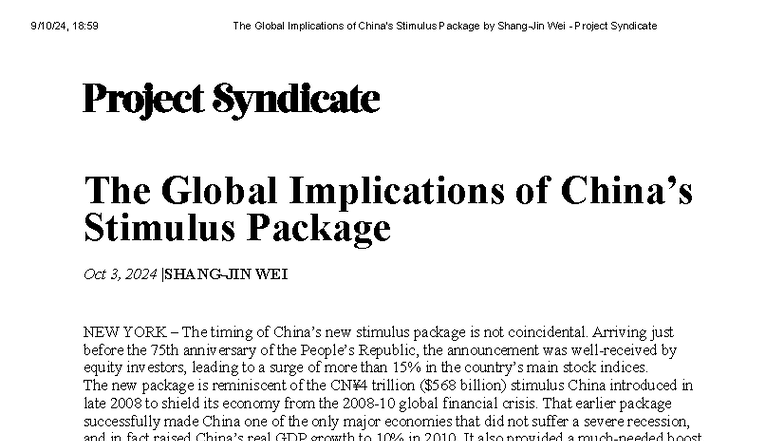 The Global Implications of China's Stimulus Package - WEI - Oct 2024 ...