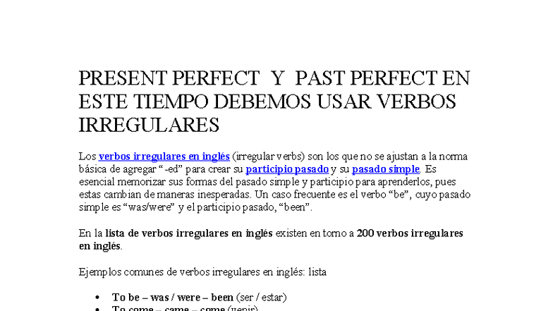 Present Perfect y Past Perfect: Uso de Verbos Irregulares - Studocu