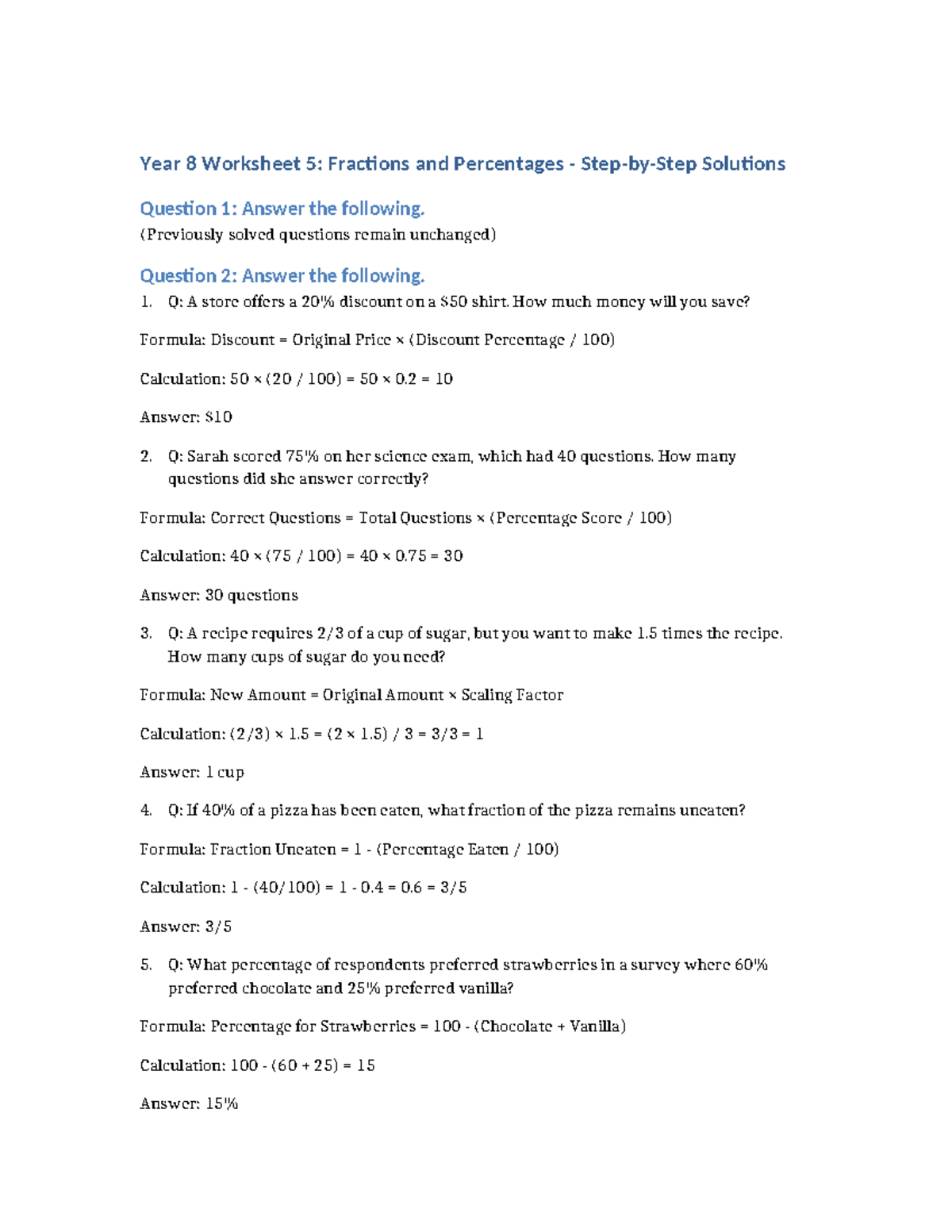 Year 8 Worksheet 5: Solutions for Fractions & Percentages - Studeersnel