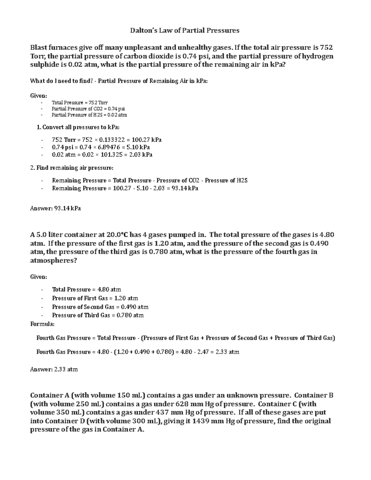 W6.2 - Dalton’s Law of Partial Pressures - Completed Worksheet - Studocu