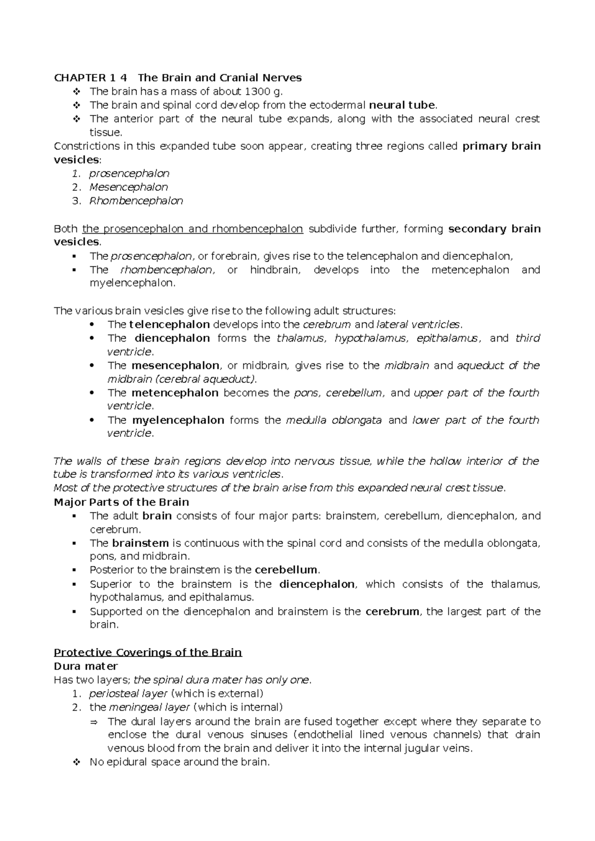 CHAPTER 1.4: The Brain and Cranial Nerves - Neuro 14 Overview - Studocu