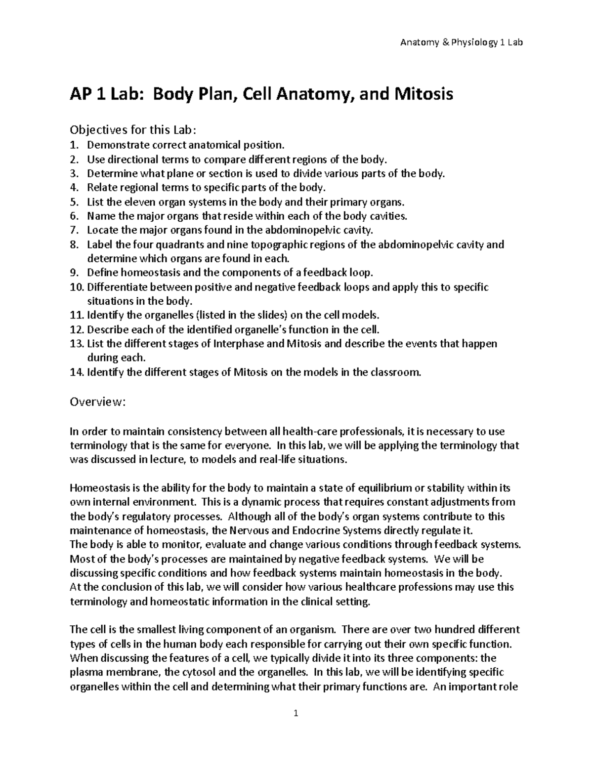 AP 1 Lab Manual: Body Plan, Cell Anatomy & Mitosis Instructions - Studocu