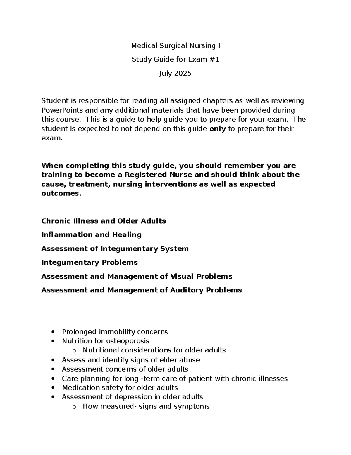 Fortis Med Surg Nursing I Study Guide for Exam July 2025 - Studocu