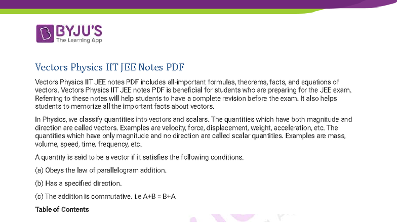 Vectors Physics IIT JEE Notes: Formulas, Theorems & Facts - Studocu