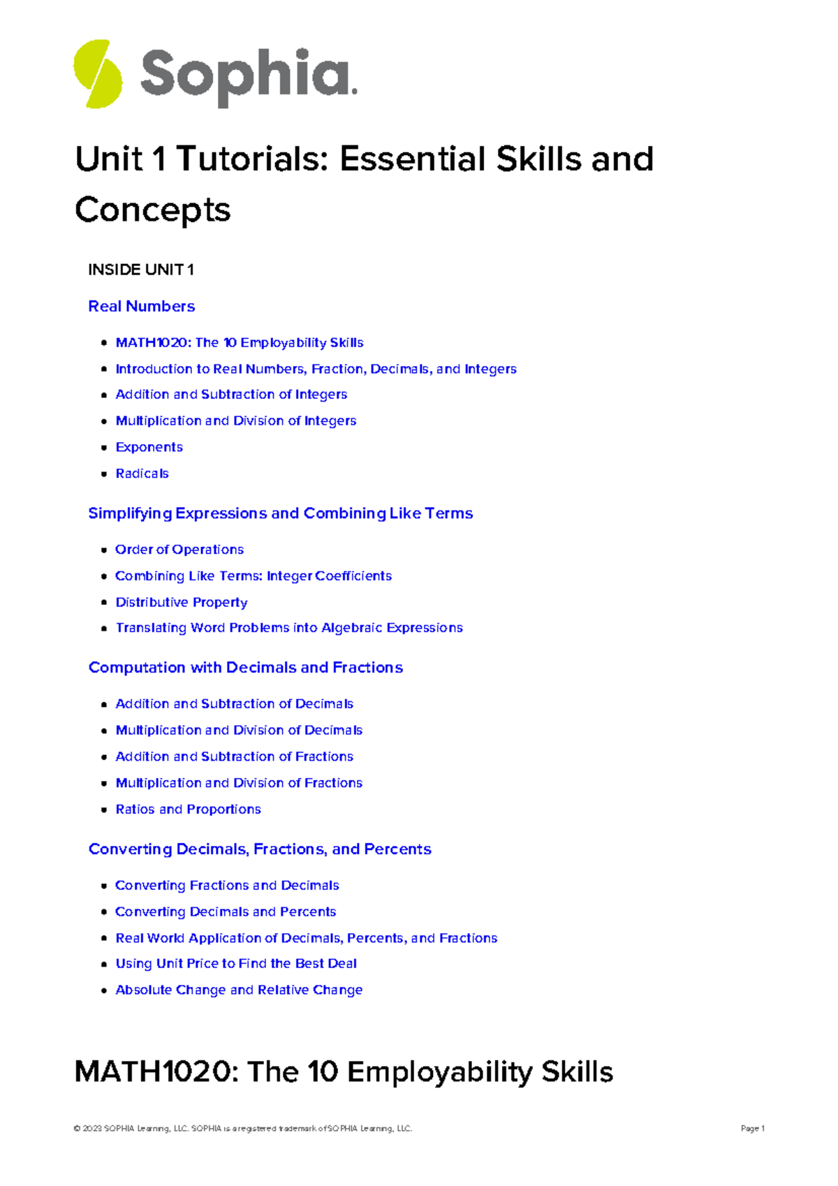 MATH1020: Essential Skills & Concepts Unit 1 Tutorial Guide - Studocu