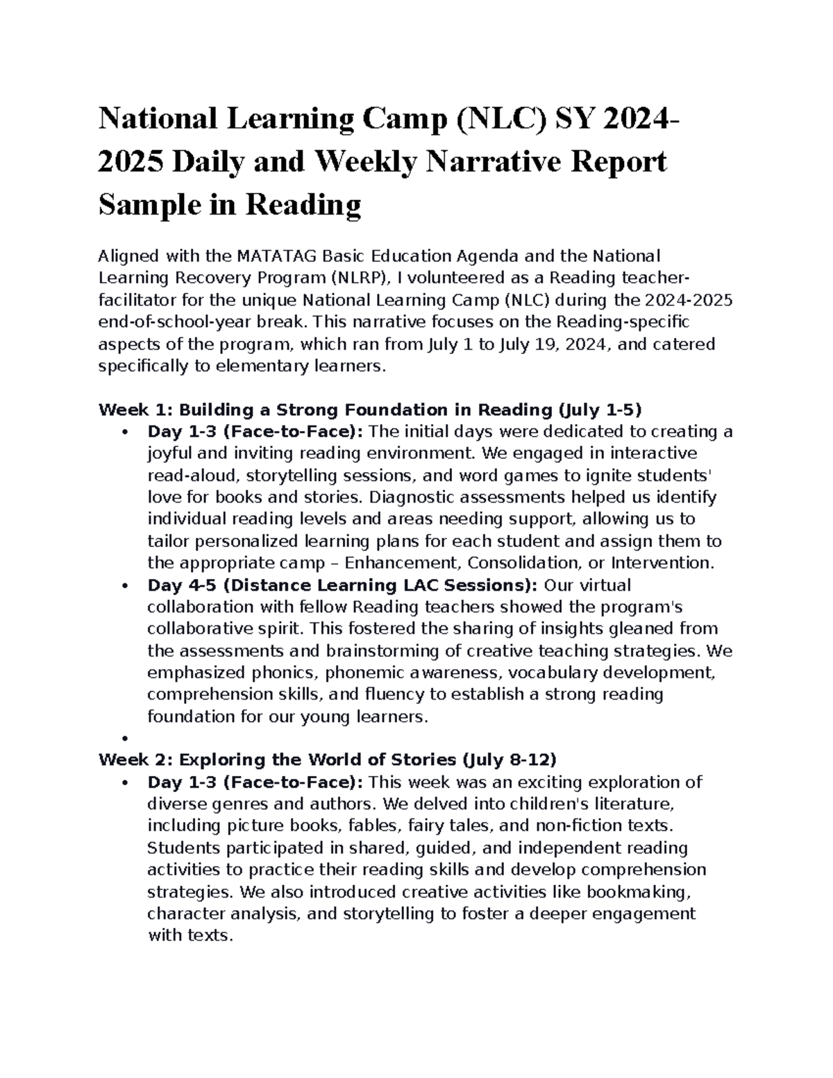 Narrative Report on National Learning Camp (NLC) Reading Program 2024 ...
