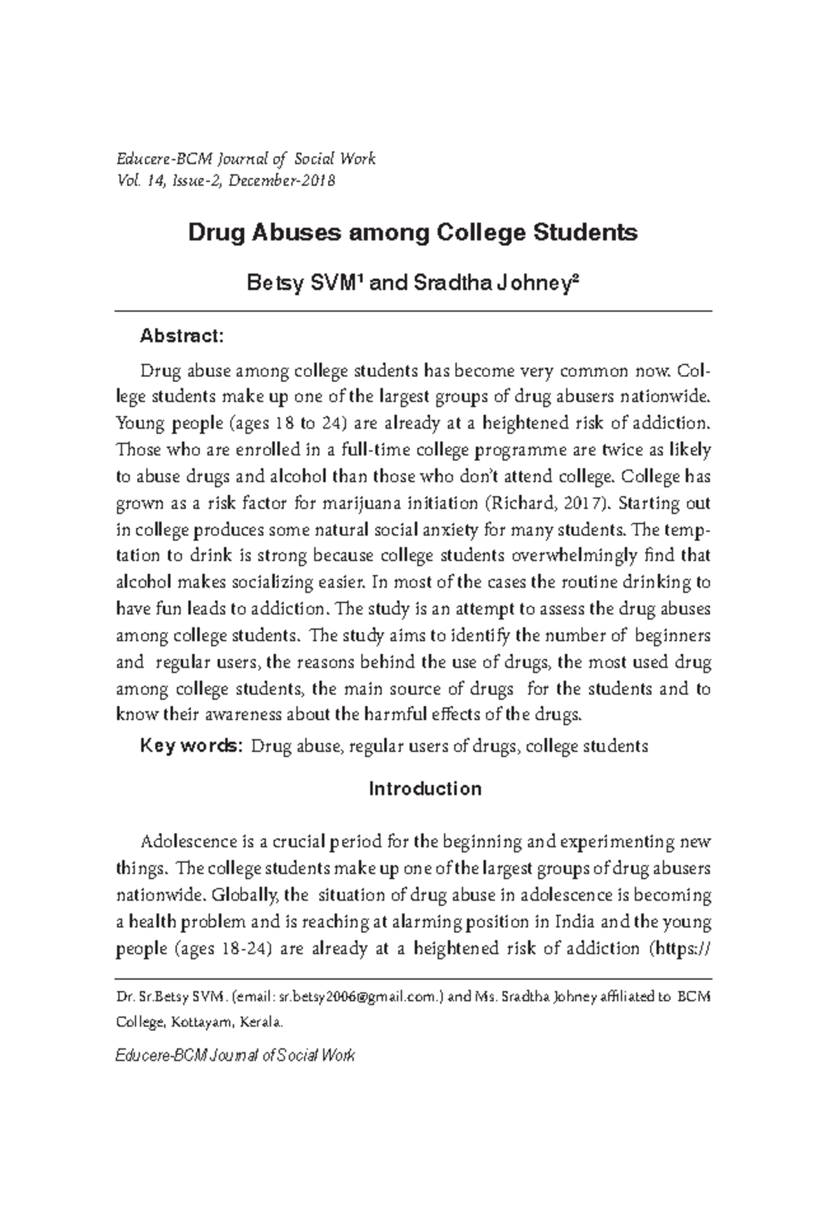 Drug Abuse among College Students Pp 48 59 - 160 Educere-BCM Journal of ...