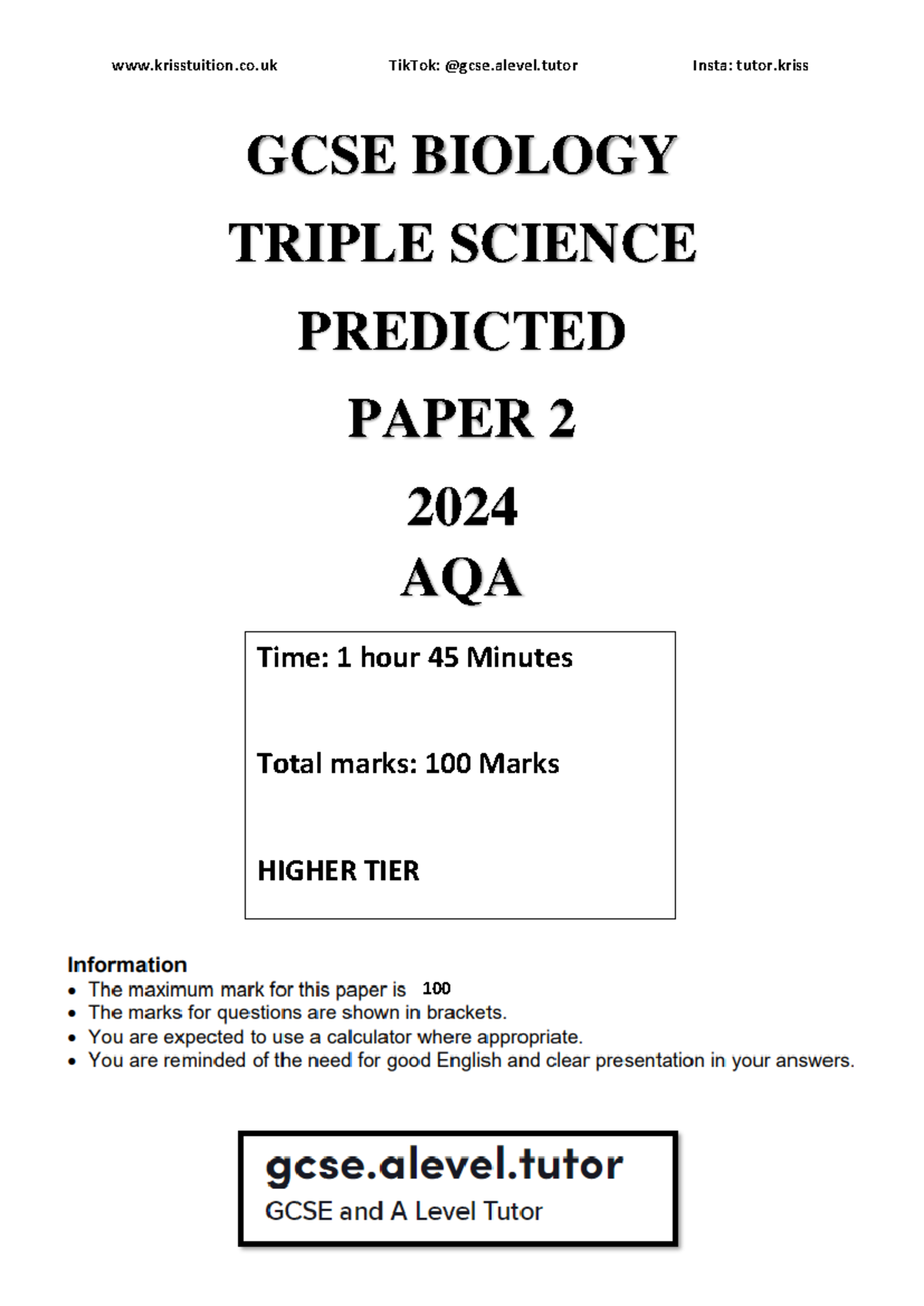 AQA Biology Triple Science Paper 2 (H) 2024 Predicted Questions - Studocu