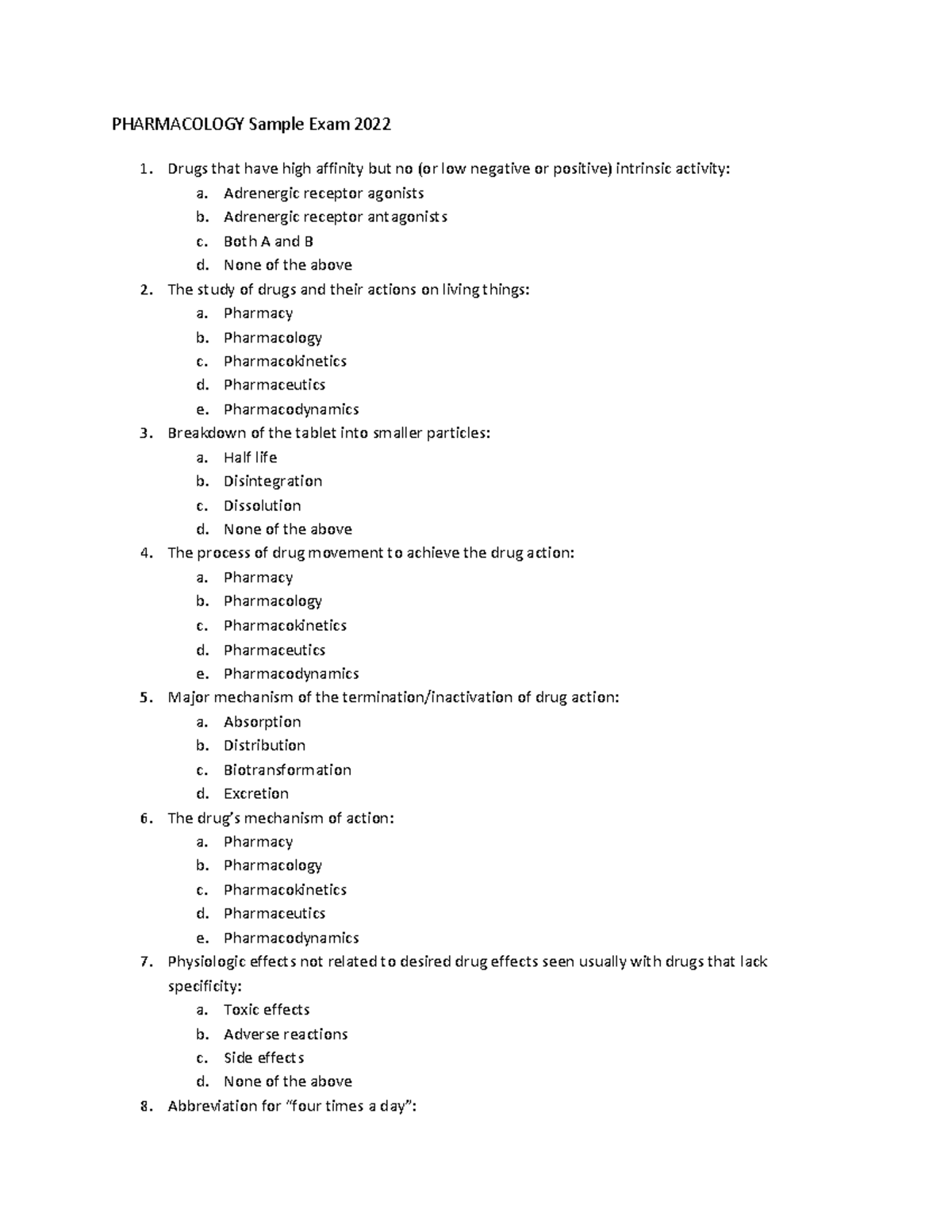 PHARMACOLOGY Sample Exam Questions and Answers 2022 - Studocu