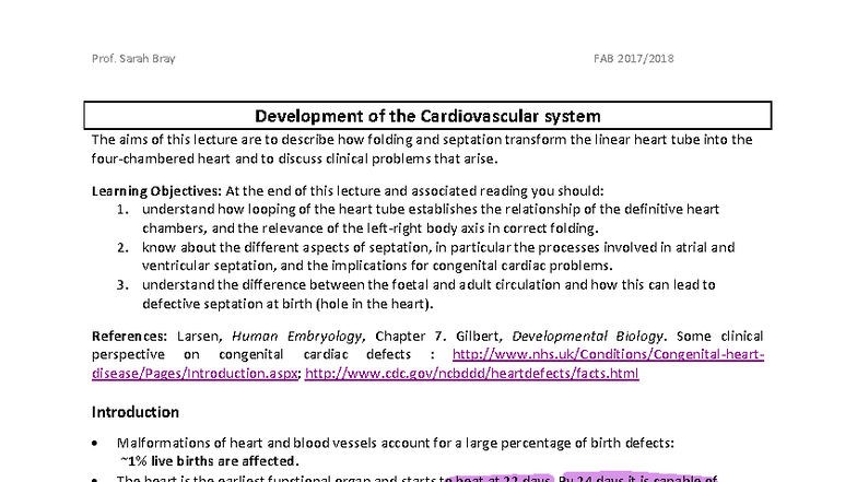 FAB Lecture Notes: Development of the Cardiovascular System - Studocu