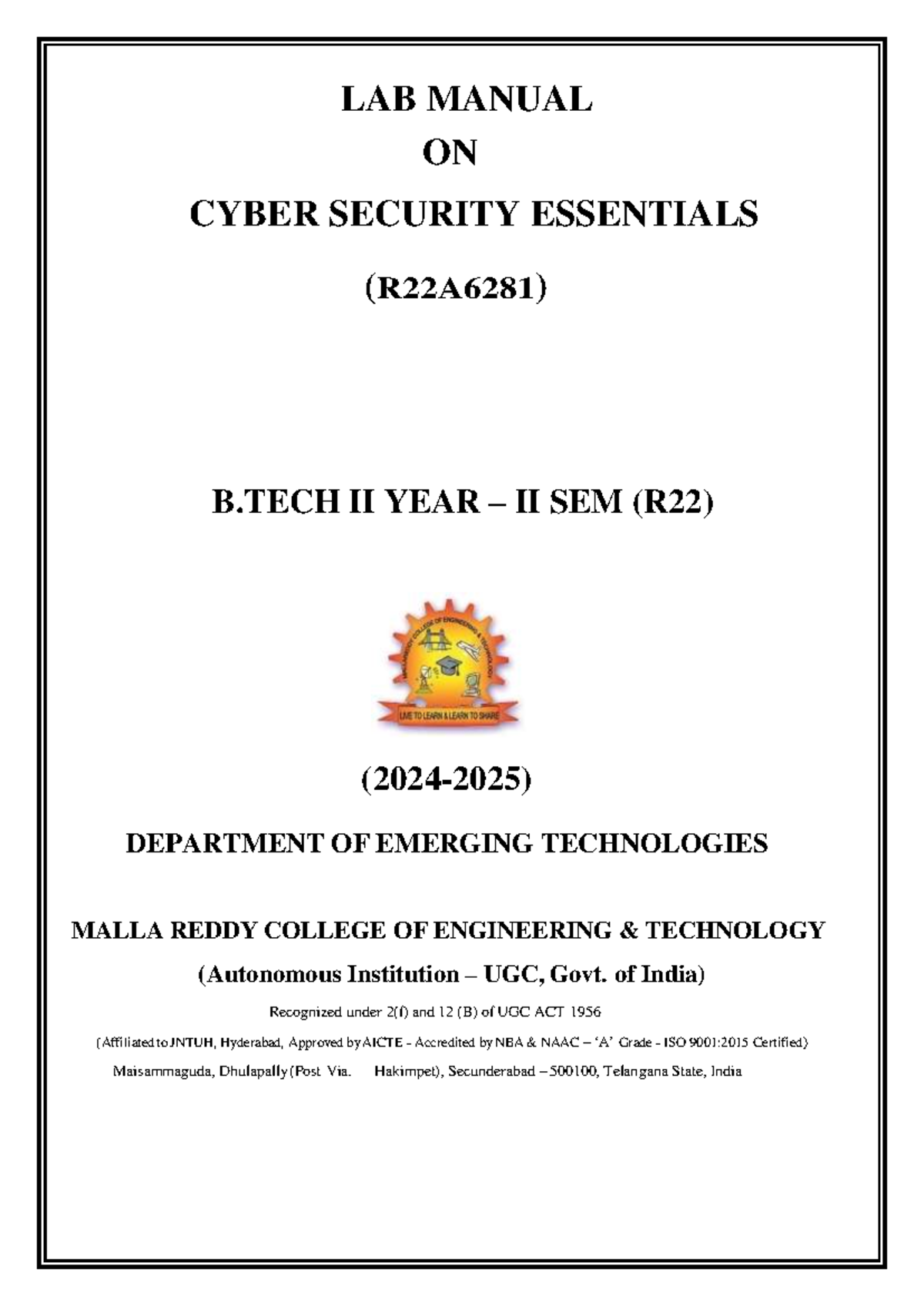 Cyber Security Essentials Lab Manual (R22A6281) - B.Tech II Year II Sem - Studocu