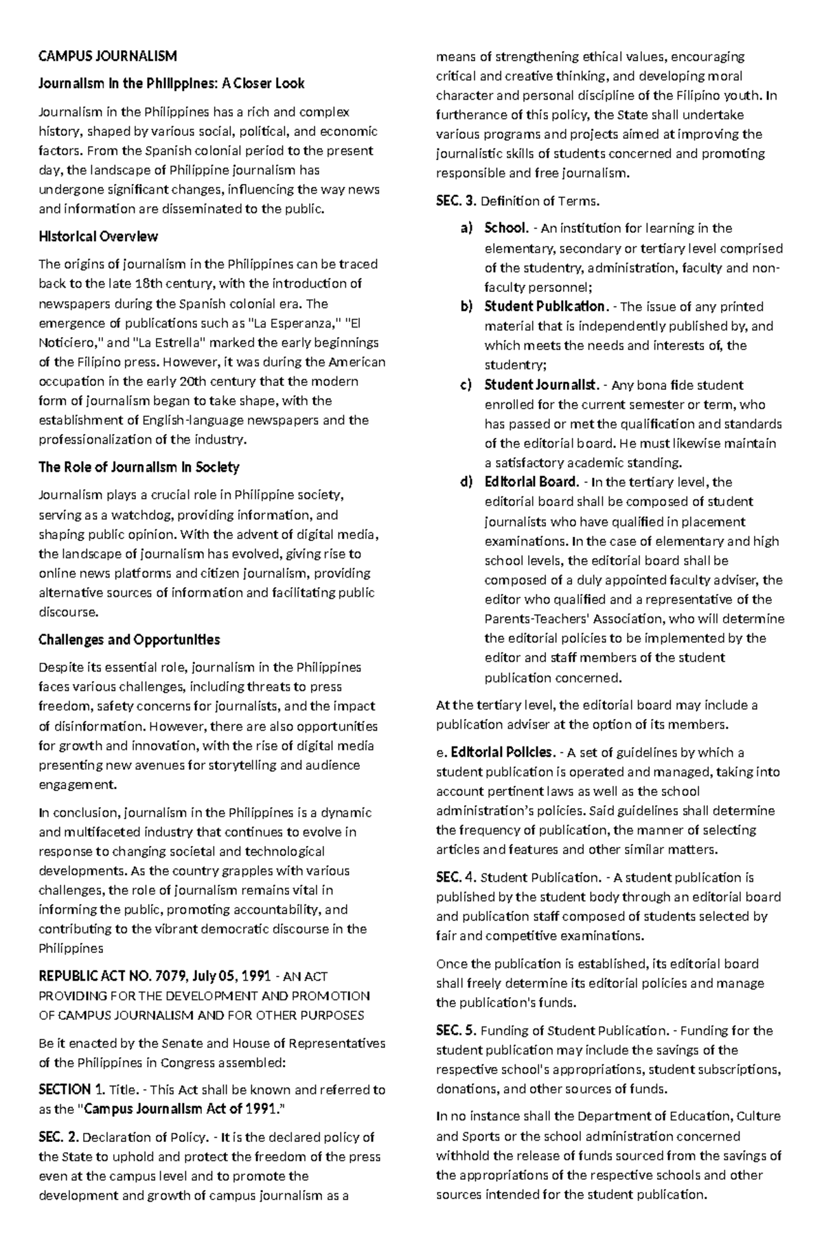 Campus Journalism Overview: Insights and Developmental Roles - Studocu