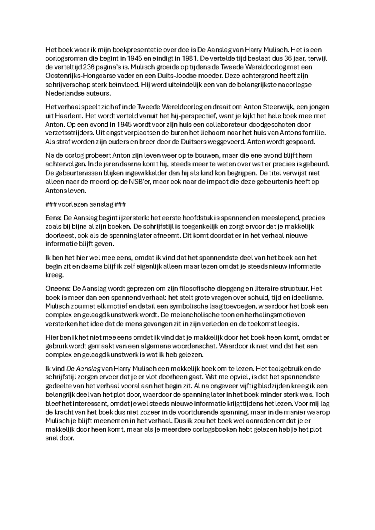 Boekpresentatie: De Aanslag van Harry Mulisch - Analyse en Reflectie - Studeersnel