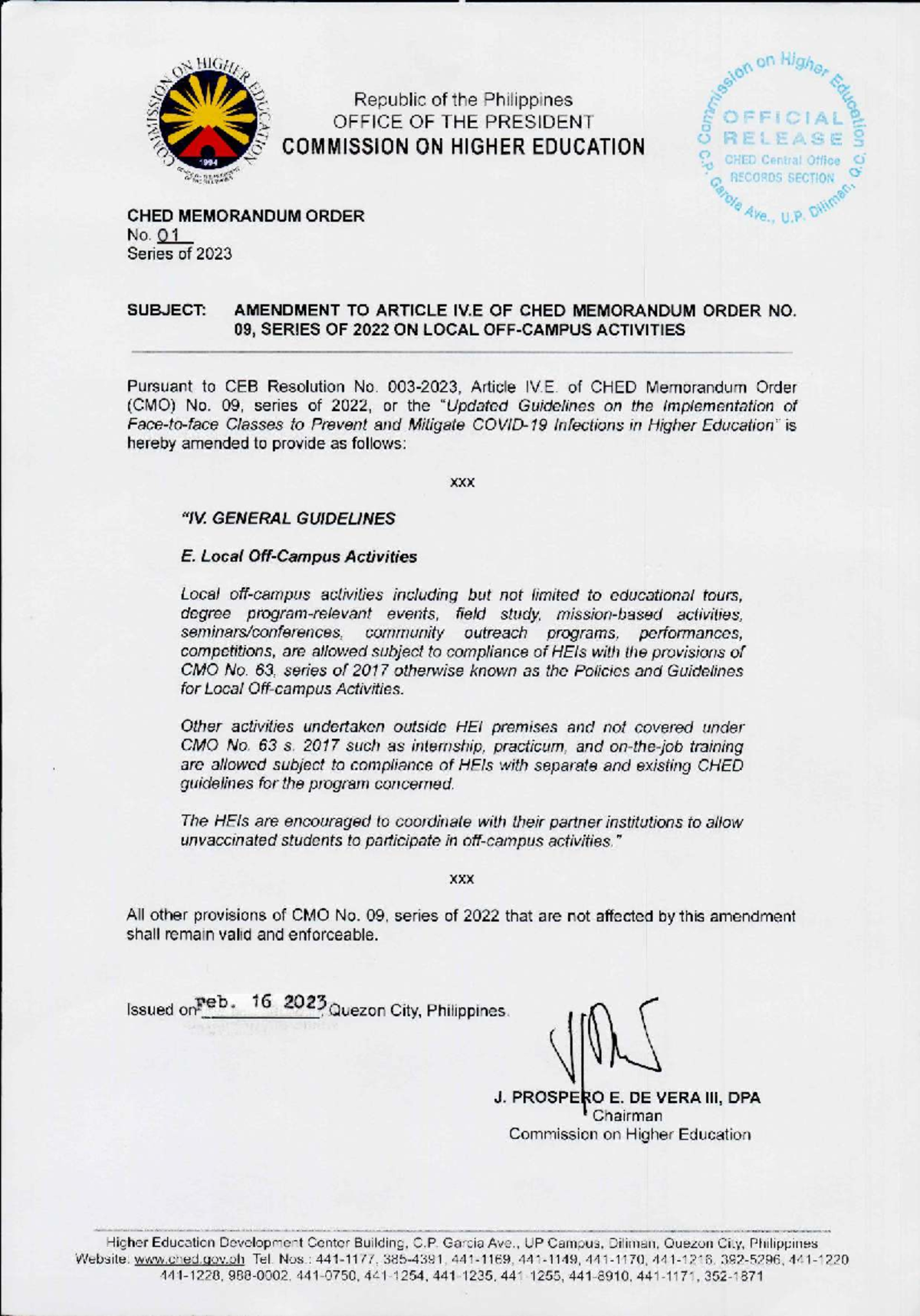 CHED CMO No. 01, S. 2023: Amendments on Local Activities Guidelines ...