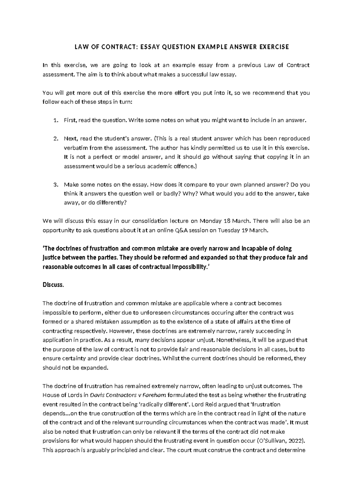 LAW OF CONTRACT: ESSAY QUESTION ANALYSIS AND EXAMPLE ANSWER - Studocu