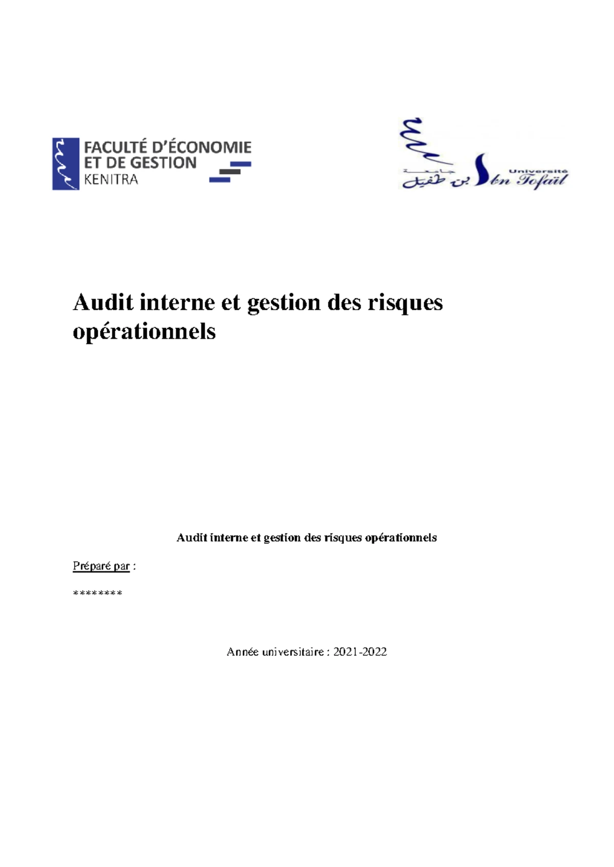PFE Contribution d'audit interne à la performance d'entreprise - UNIVERSITÉ IBN TOFAIL – KÉNITRA ...