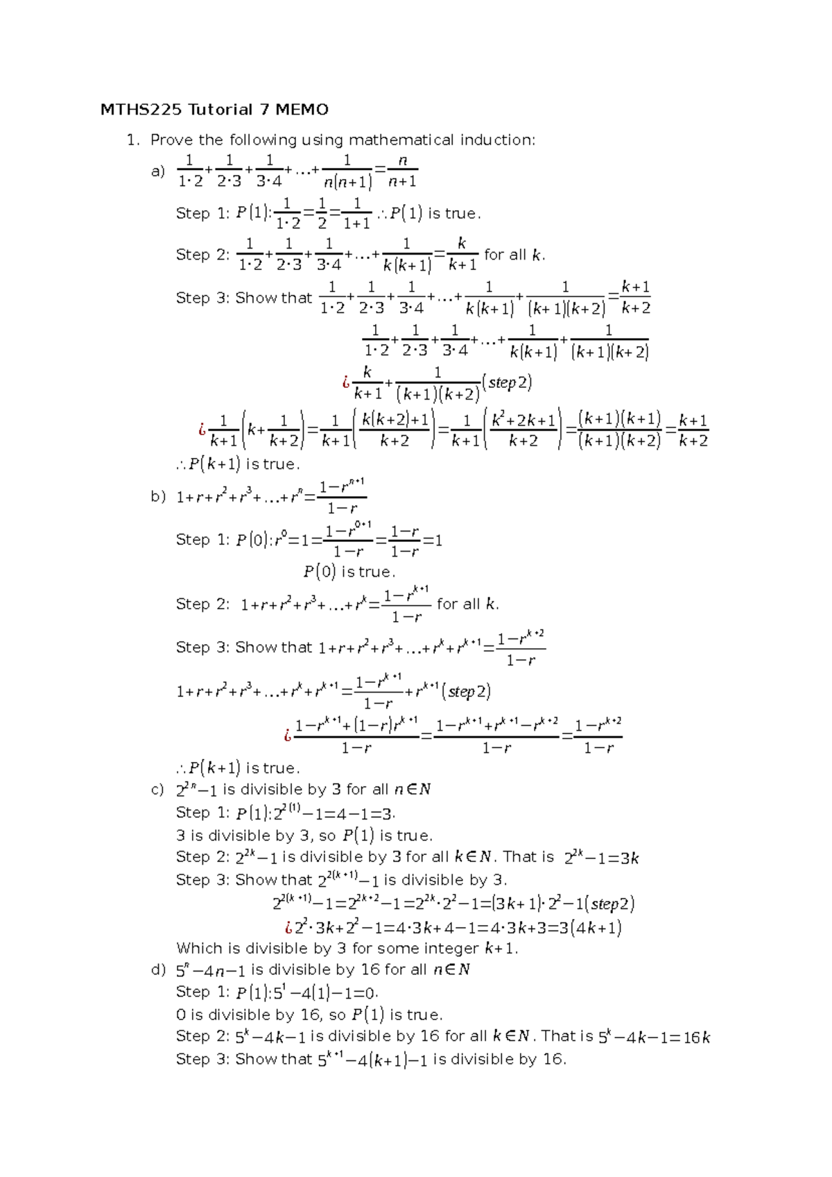 MTHS225 Tutorial 7: Mathematical Induction Proofs - Studocu