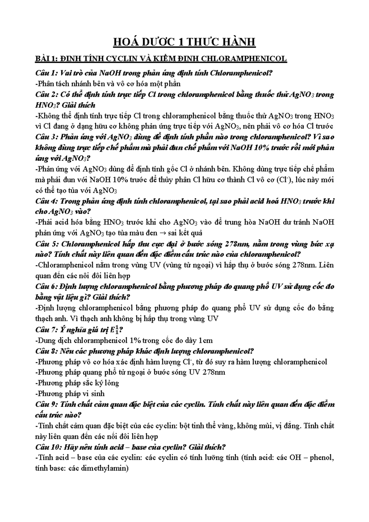 HOÁ DƯỢC 1 THỰC HÀNH: Định Tính Cyclin & Chloramphenicol - Studocu