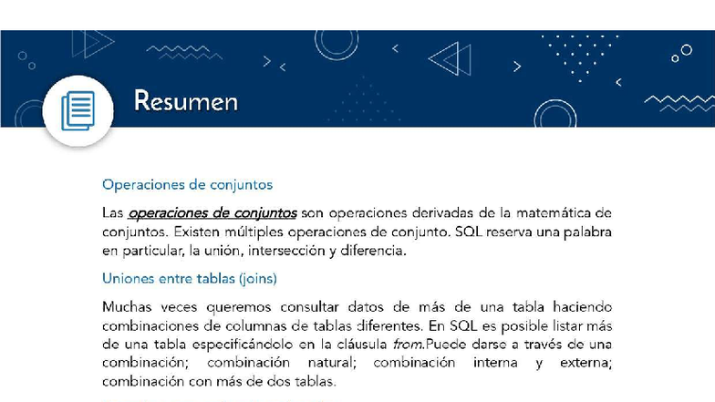 Resumen de Operaciones y Estructuras en SQL (Curso: DB101) - Studocu