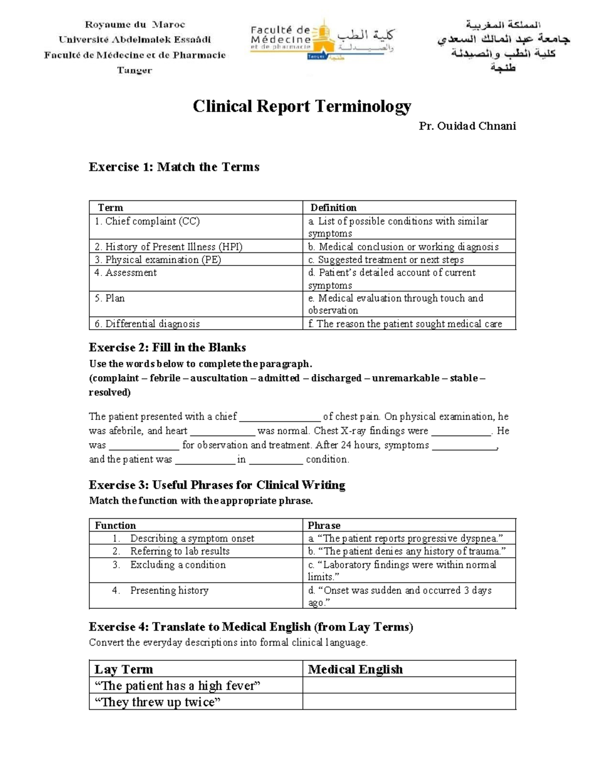 Clinical Report Terminology: Exercise 1-4 for Pr. Ouidad Chnani - Studocu