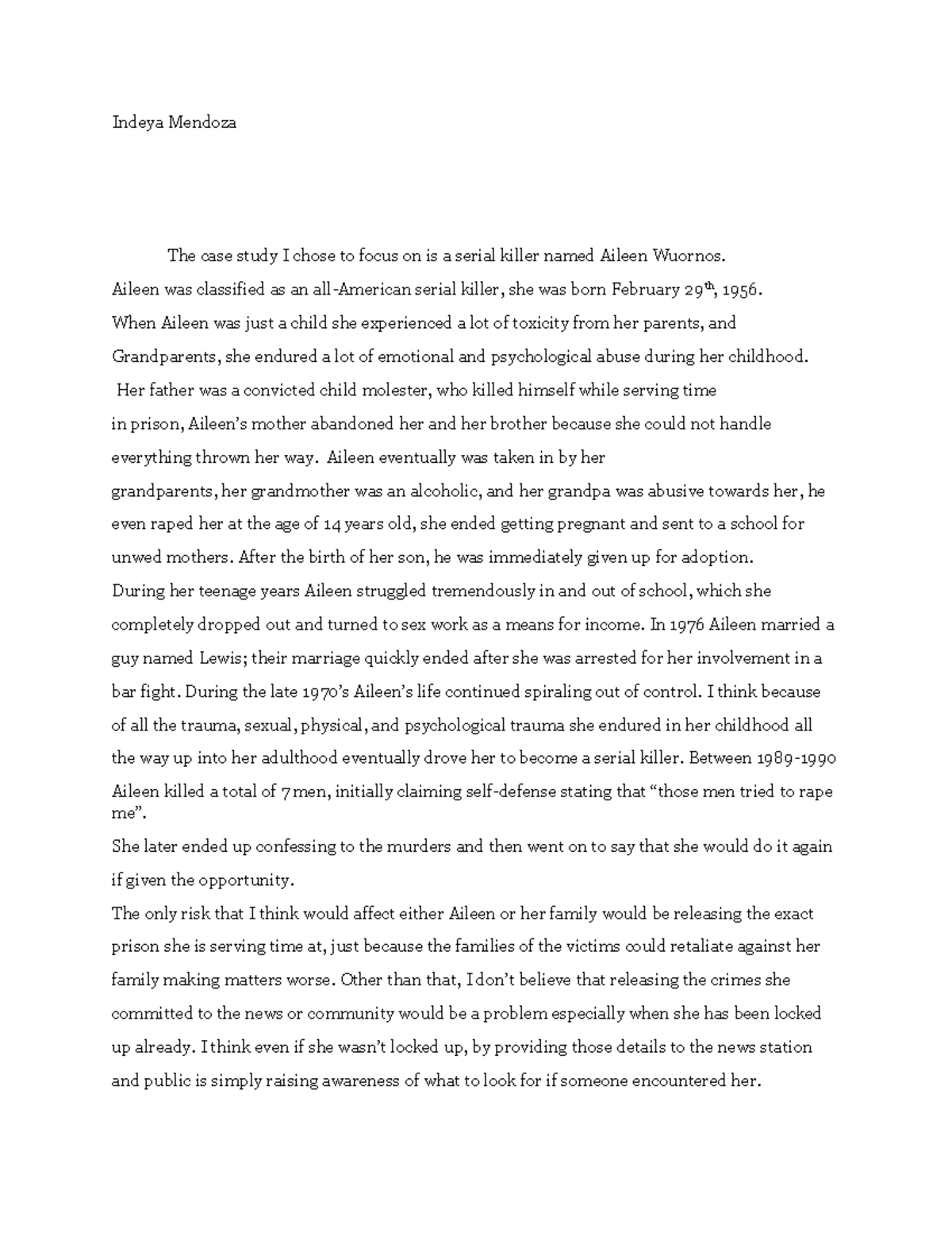 Psy 310 M1 - Case Study on Aileen Wuornos: Childhood to Crimes - Studocu
