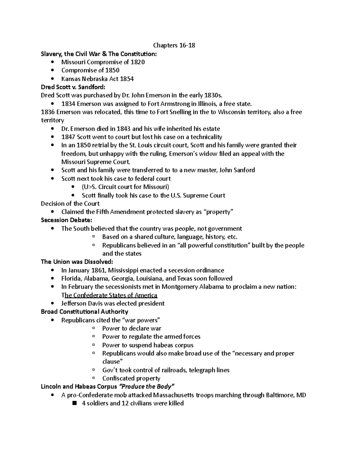 Chapters 16-18: Civil War and Reconstruction Key Notes - Studocu