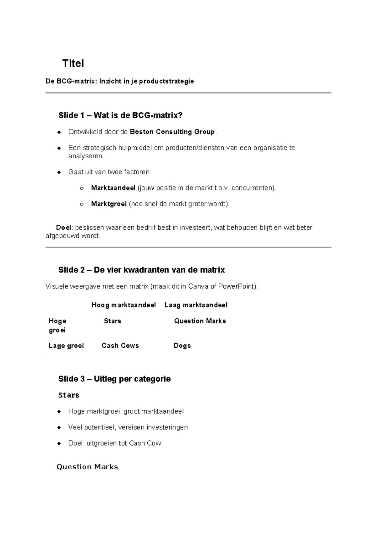 Economie - Inzicht in Productstrategie met BCG Matrix - Studocu