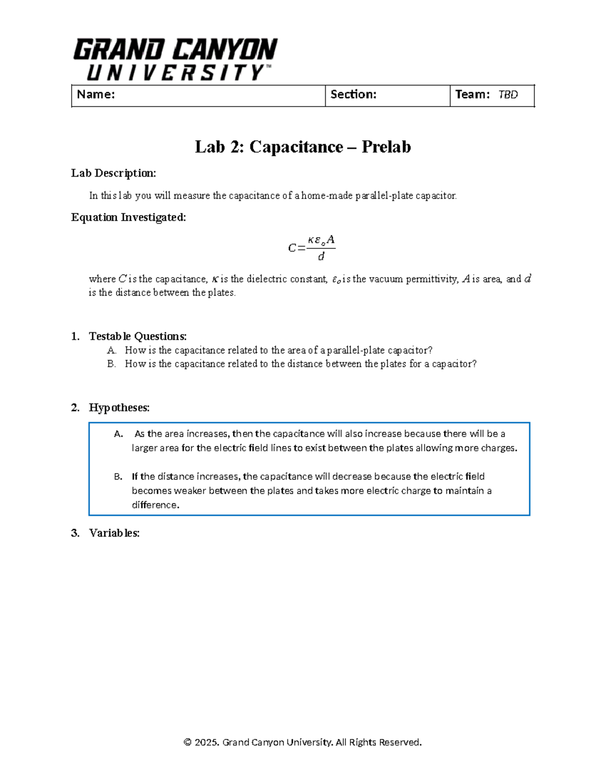 PHY112L Lab 2 Prelab: Measuring Capacitance and Variables - Studocu