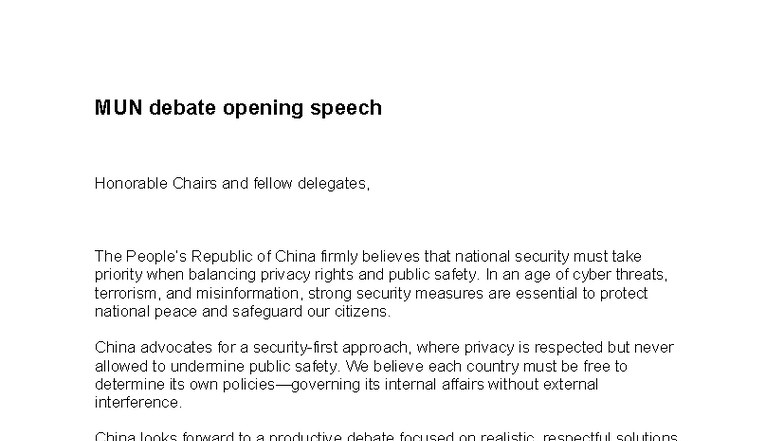 MUN Opening Speech: China on National Security & Privacy - Studeersnel