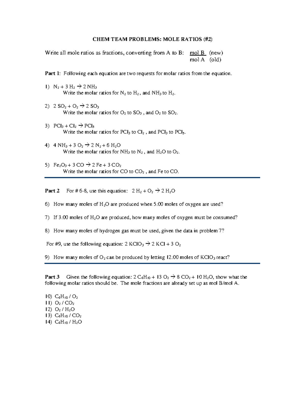 Mole ratios ws from chemteam - CHEM TEAM PROBLEMS: MOLE RATIOS (#2 ...